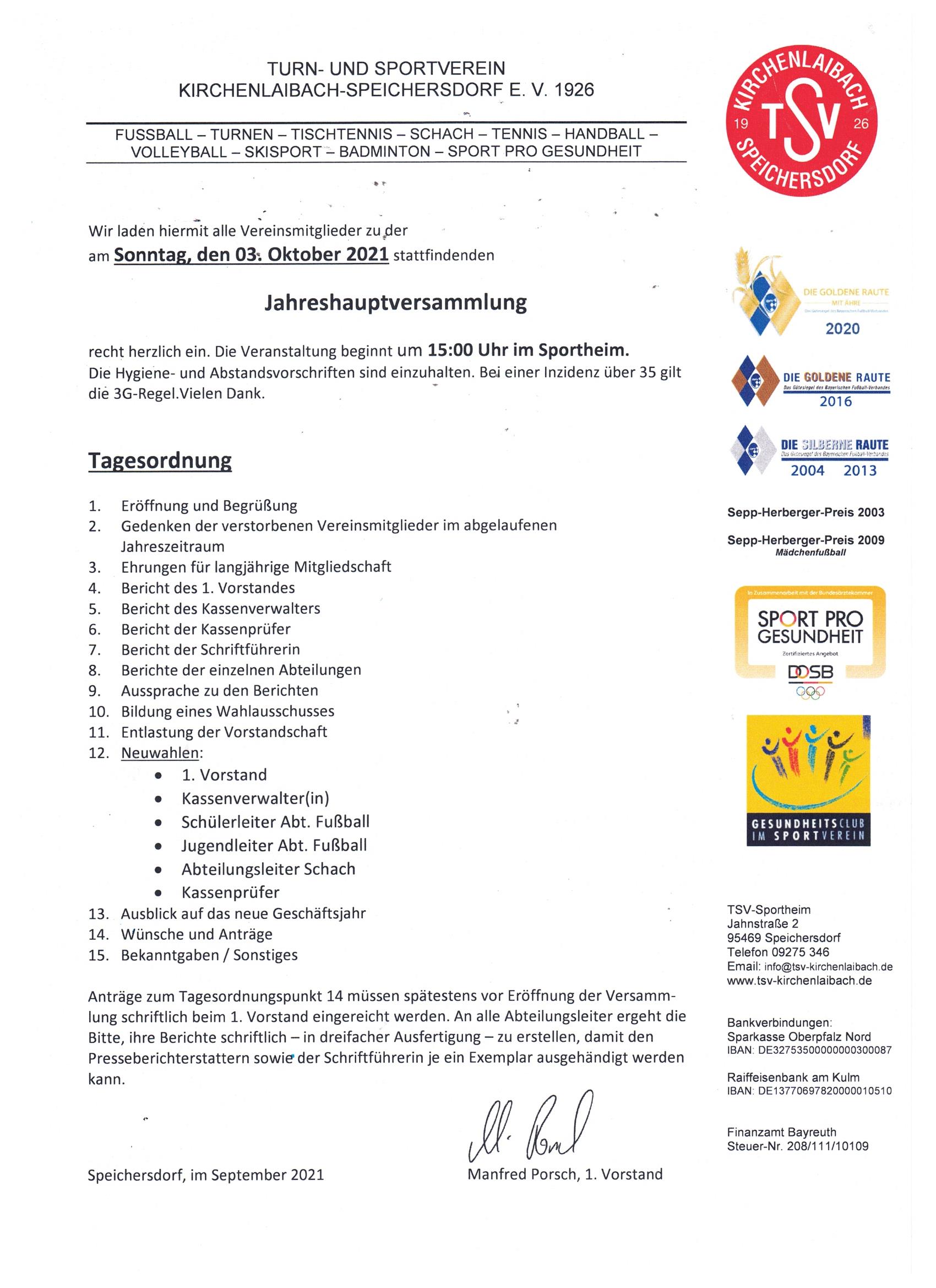 Jahreshauptversammlung – TSV Kirchenlaibach Speichersdorf e.V.